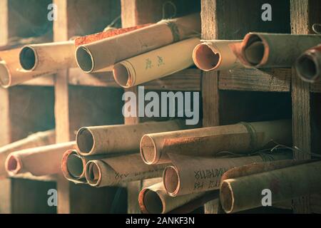 Unique scribe library full of medieval and old scrolls Stock Photo - Alamy