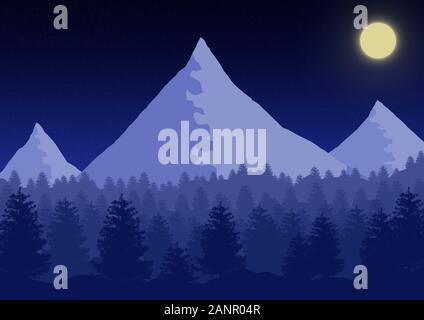 Beautiful abstract blue 2d night forest background. 2d landscape ...