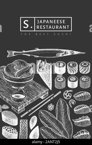 Restaurant chalkboard Japanese food menu. Hand drawn sketch sushi ...