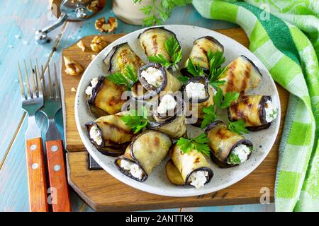 Eggplant roll with nuts and cheese Stock Photo - Alamy