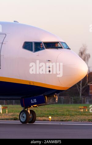 Ryanair Boeing 737 aircraft pilot captain in cockpit or flight deck ...