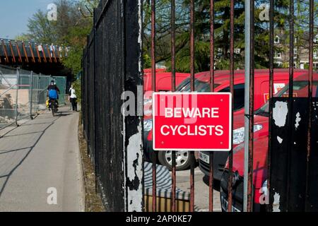 Red beware cyclists traffic warning sign York North Yorkshire England ...