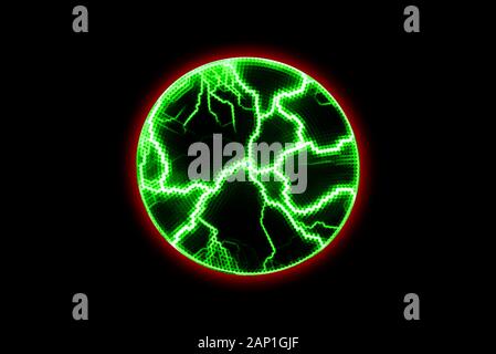 Chaotic electrical discharges on a black background. Green glowing ...