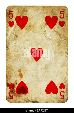 Five of Hearts playing card - isolated on white (clipping path included ...