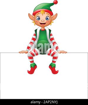 Christmas Elf with blank paper on wood board, sign. Vector cartoon ...