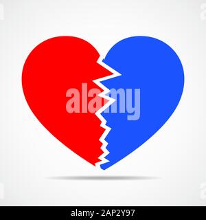 Two sides of a red heart. Abstract heart on light background in flat ...