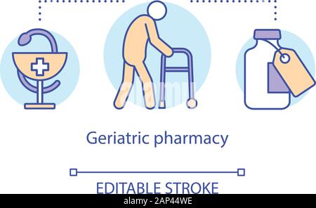 Pharmacy concept icon. Geriatric patient treatment idea thin line ...