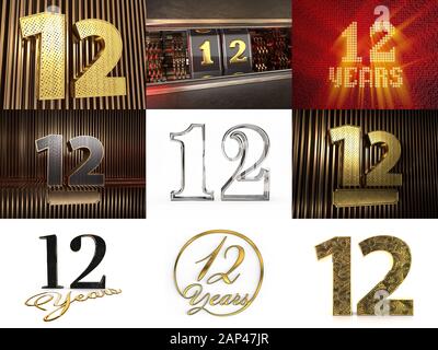 Number 12 birthday celebration gold balloon with presents. 3D Render ...