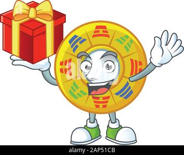 Happy face chinese circle feng shui cartoon character having a box of ...