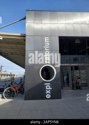Sign with logo is visible at the Exploratorium science museum in the ...