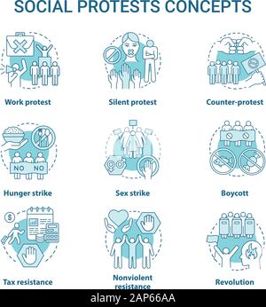 Social protests concept icons set. Public opposition, civil ...