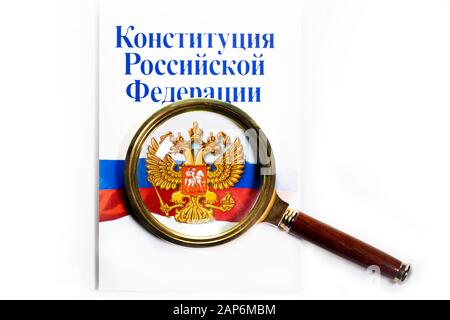 Brochure "Constitution of the Russian Federation" under a magnifying ...