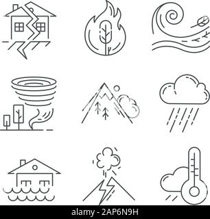 Natural disaster linear icons set. Earthquake, weather forecast ...