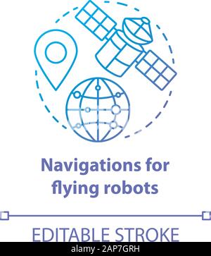 Navigations for flying robots blue concept icon. Satellites idea thin ...