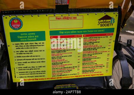 Fare chart backside of a special rickshaw service for Dhaka's Gulshan ...