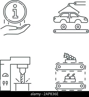 Industry types linear icons set. Goods, services production. Aerospace ...