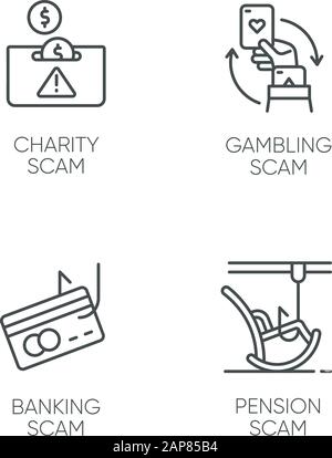 Scam types linear icons set. Malware. Investment, rental schemes ...