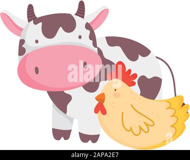cow with chicken in head fence and fruits trees farm animal cartoon ...