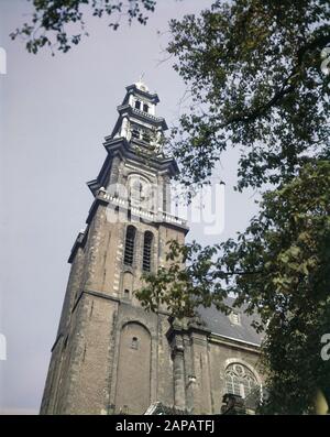 View of Westerkerk bell tower from bottom, Amsterdam, Netherlands ...
