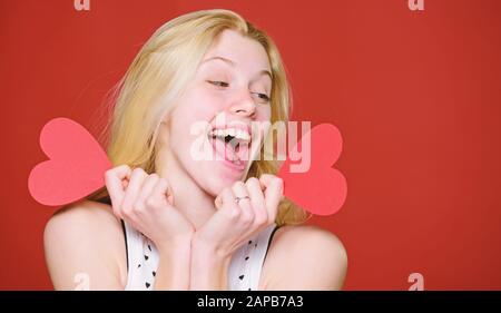 Girl romantic mood dream about date. Woman hold heart valentines ...