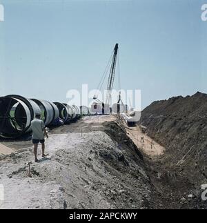 Construction of irrigation works in the Negev desert. Dragline lays ...