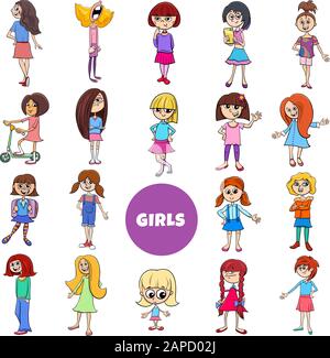 set of girls cartoon characters female with shadow vector illustration ...