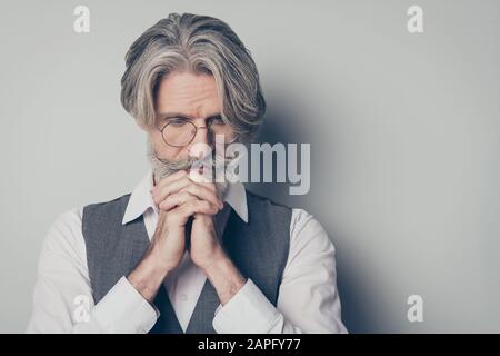 Photo of minded man wear stylish clothes look empty space dream new ...