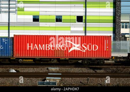 Hamburg Sud shipping container on a freightliner train, West Coast Main ...