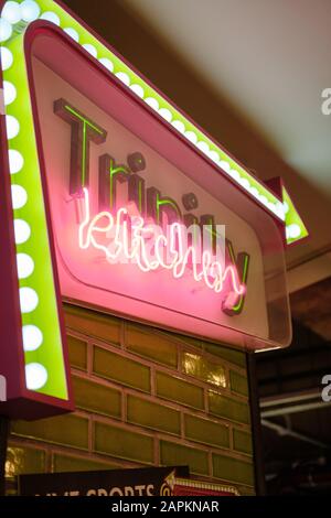 Trinity Kitchen neon sign, Trinity Shopping Centre, Leeds, UK Stock ...