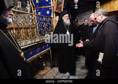 The Church of the Nativity in Bethlehem is shown here, with a close-up ...