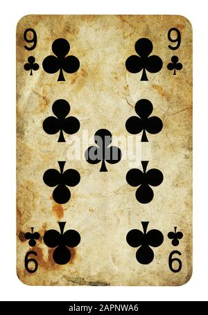 Nine of Clubs Vintage playing card - isolated on white (clipping path ...