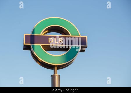 DLR roundel outside Royal Albert Station Stock Photo - Alamy