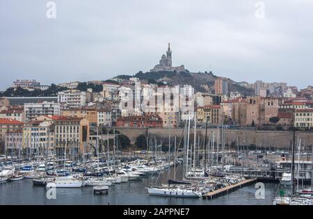 Aerial panoramic view on basilica of Notre Dame de la Garde and old ...
