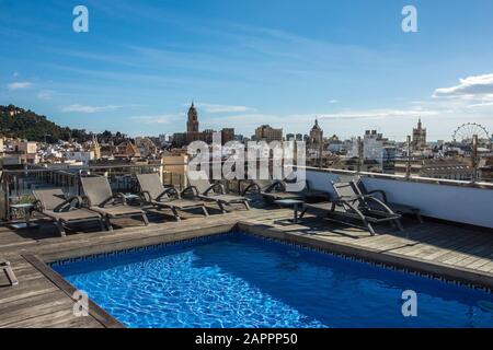 Spain - Malaga swimming pool on the rooftop at downtown of Malaga city ...