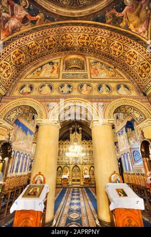 Interior with wall frescoes and ceiling frescoes, Romanian Orthodox ...