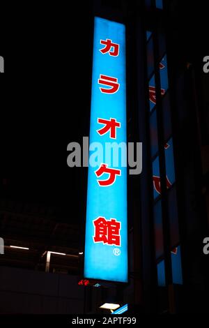 Karaoke-kan (カラオケ館), karaoke and pachinko signs, night; Tokyo, Japan ...