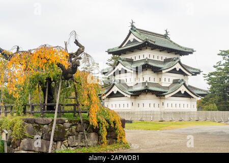 Exterior view of the Hirosaki Castle with beautiful fall color at ...