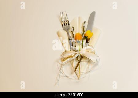 spring-like cutlery set with fork, knife and spoon Stock Photo - Alamy
