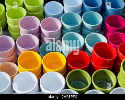 Many colorful ceramic flower pots Stock Photo - Alamy