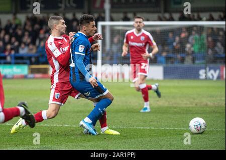 ROCHDALE, ENGLAND - JANUARY 25TH Oliver Lee of Gillingham FC tackles ...