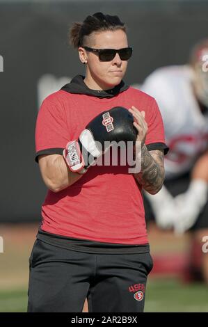 San Francisco 49ers offensive assistant coach Katie Sowers speaks to ...