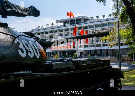 Tank in front of the Independence Palace also known as Reunification Palace, Ho Chi Minh City ...