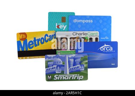 Rechargeable regional transit fare cards in North America isolated on a ...