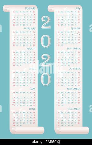 Calendar 2020. Week starts on Sunday.Colorful design on white ...