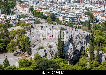 Aerial view with Areopagus rock (also called Ares Rock) near Acropolis ...