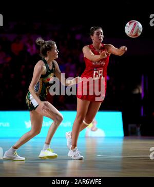 England Vitality Roses Eleanor Cardwell is confronted by Jamaica’s ...