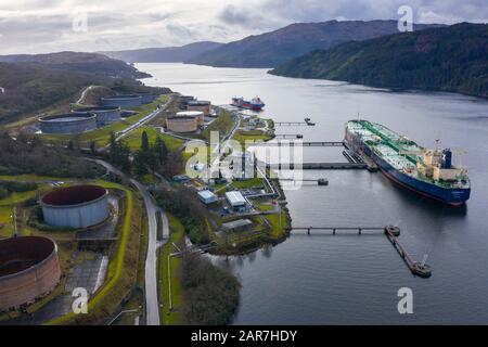 Aerial view of Finnart Ocean Terminal operated by Petroineos on Loch ...