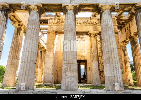 Facade of Temple of Hephaestus in Athens. Greek Doric-style architecture, columns, architrave ...