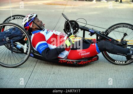 American handcycle athlete Carl Morgan negotiating the turn from State ...