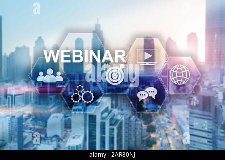 Inscription on virtual screen: Webinar. Abstract business background ...